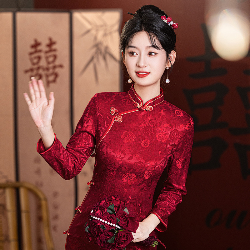DZ-517 Long Sleeve Maroon Cheongsam Dinner Brides Dress Lace Baju Cina ...