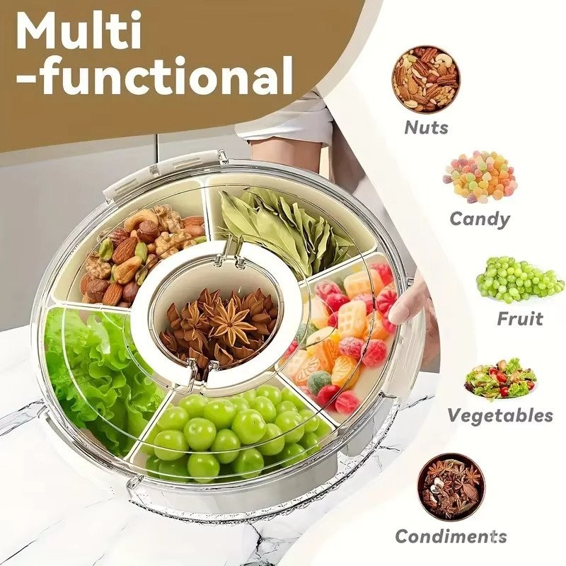 Portable Rotating Covered Food Tray - Multi-Compartment Fruit/Vegetable ...
