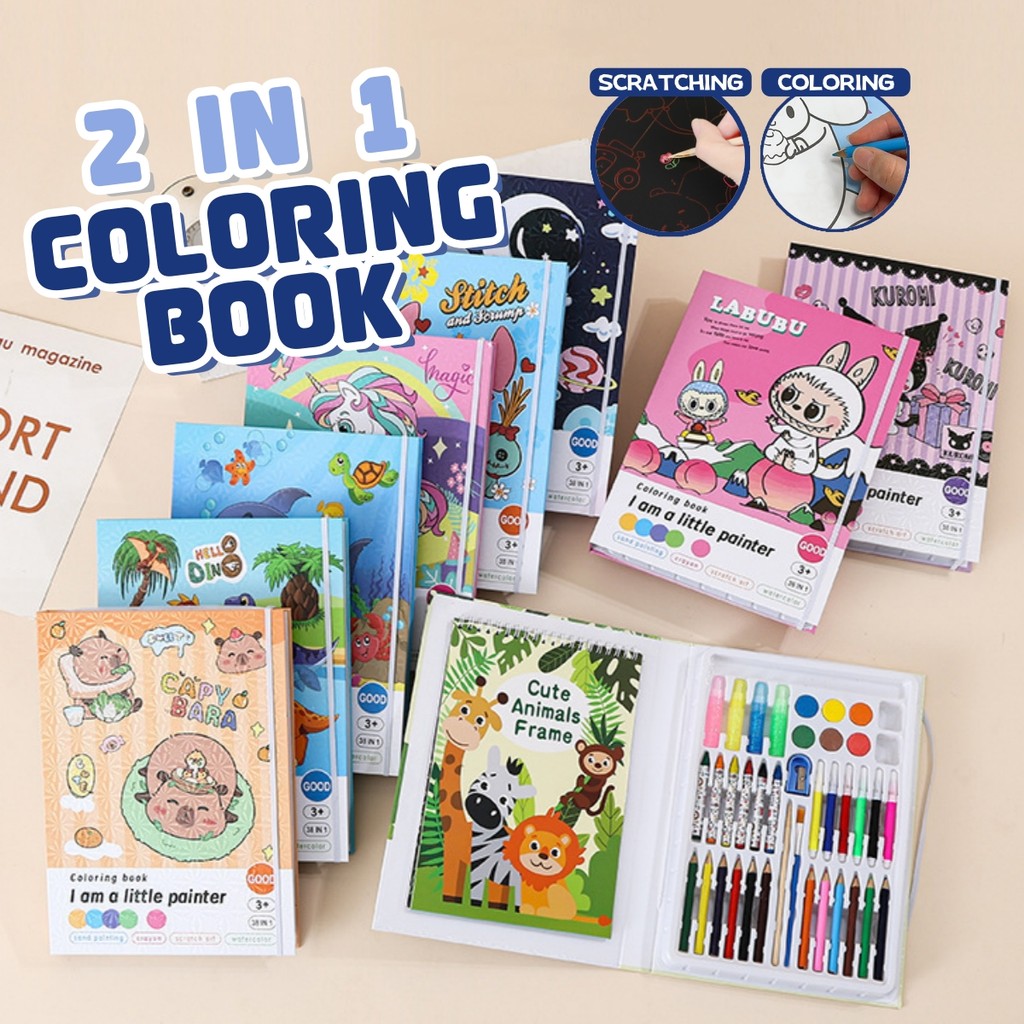 2 IN 1 Coloring Book Scratch Art Card Art Book Portable Kid Scratching ...