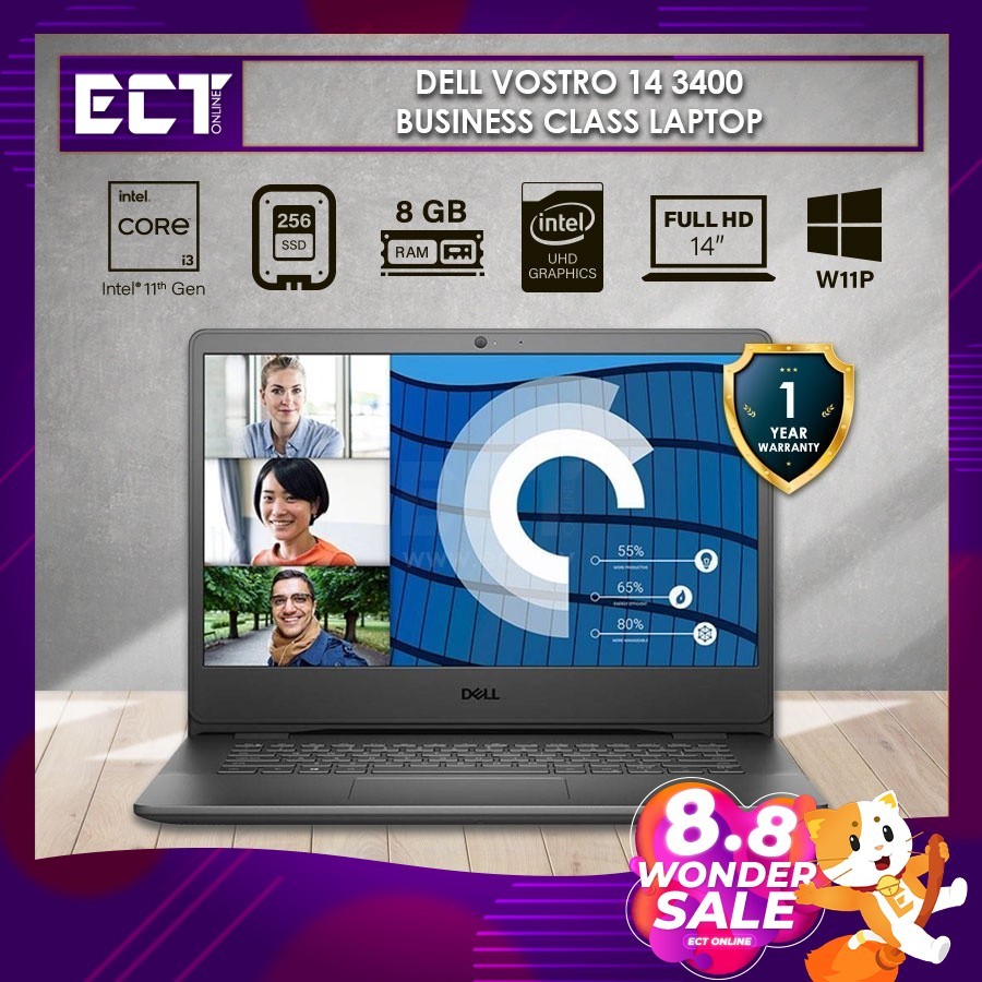 Dell Vostro 14 3400 Business Class Laptop (i3-1115G4 4.10Ghz,256GB SSD,8GB,Intel,14" FHD,W11P ...