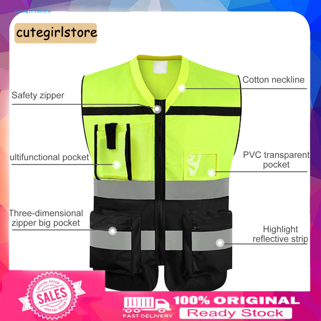 Cute_ Reflective Vest with Multiple Pockets Worker Visibility Gear High ...