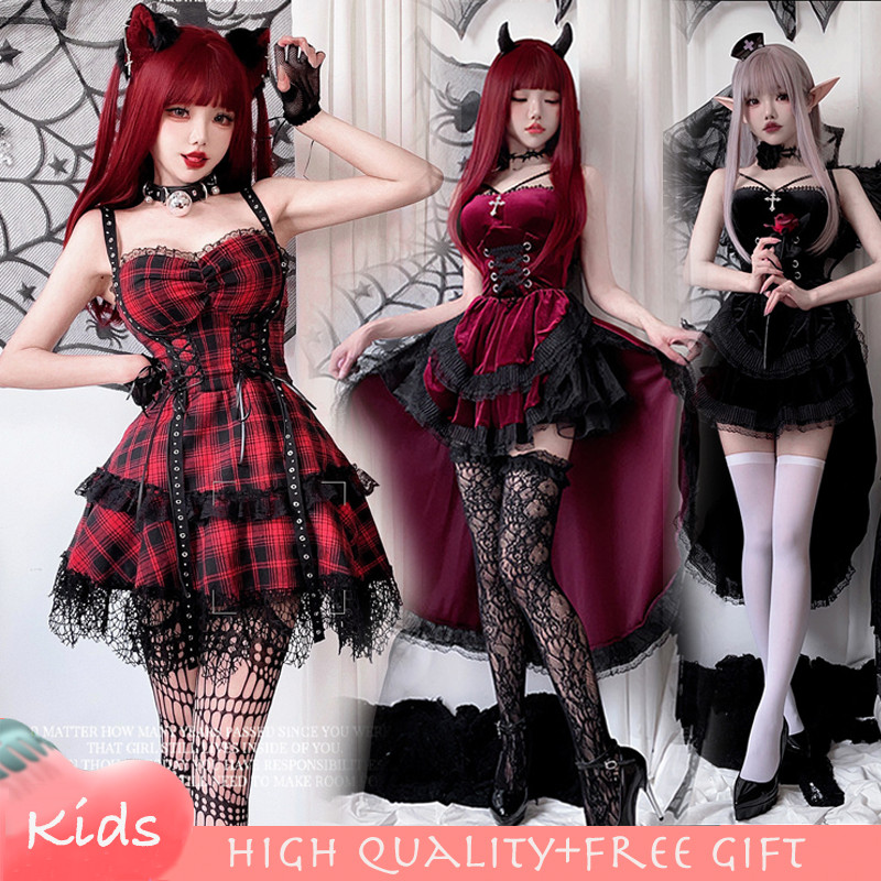 Dark Devil Gothic Style Lolita Dress For Women Sexy Red Black Plaid Dresses Halloween Cosplay ...