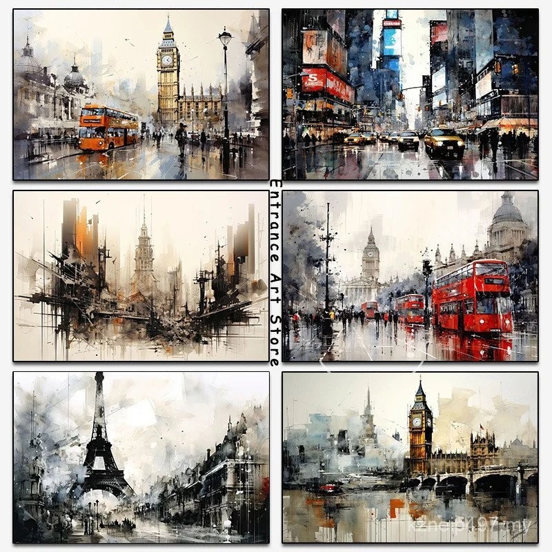 London New York Paris Watercolors Cityscape poster lukisan kanvas dan ...