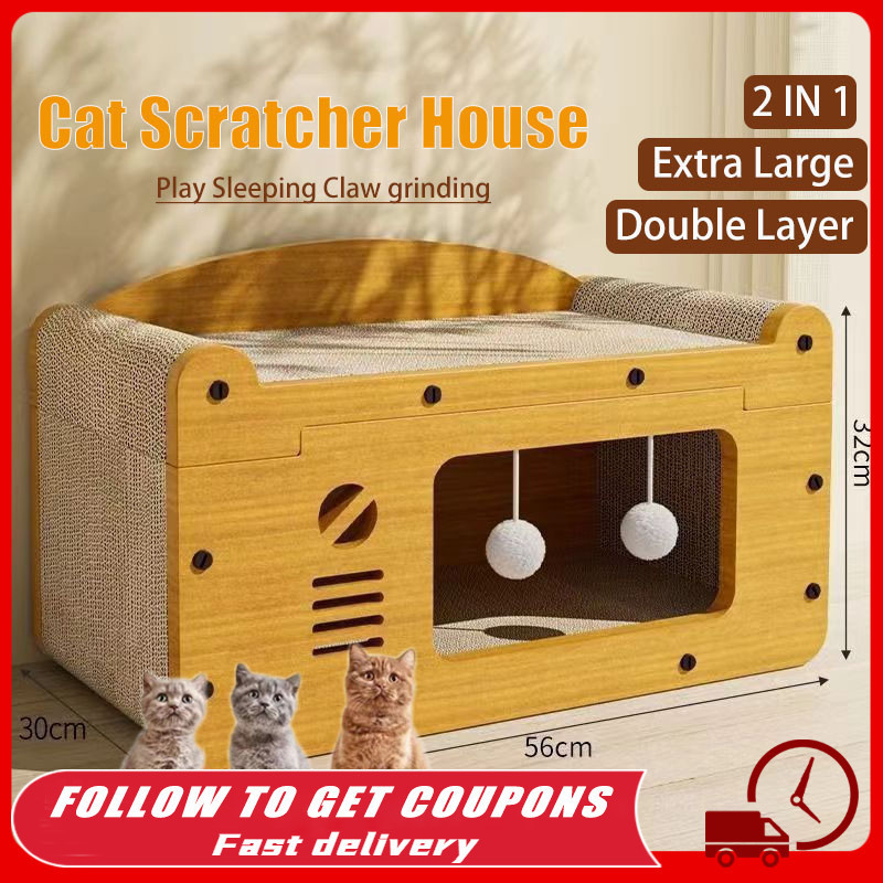 55CM Wooden Cat Scratching House Large Cat Scratcher Cat Villa Cat ...