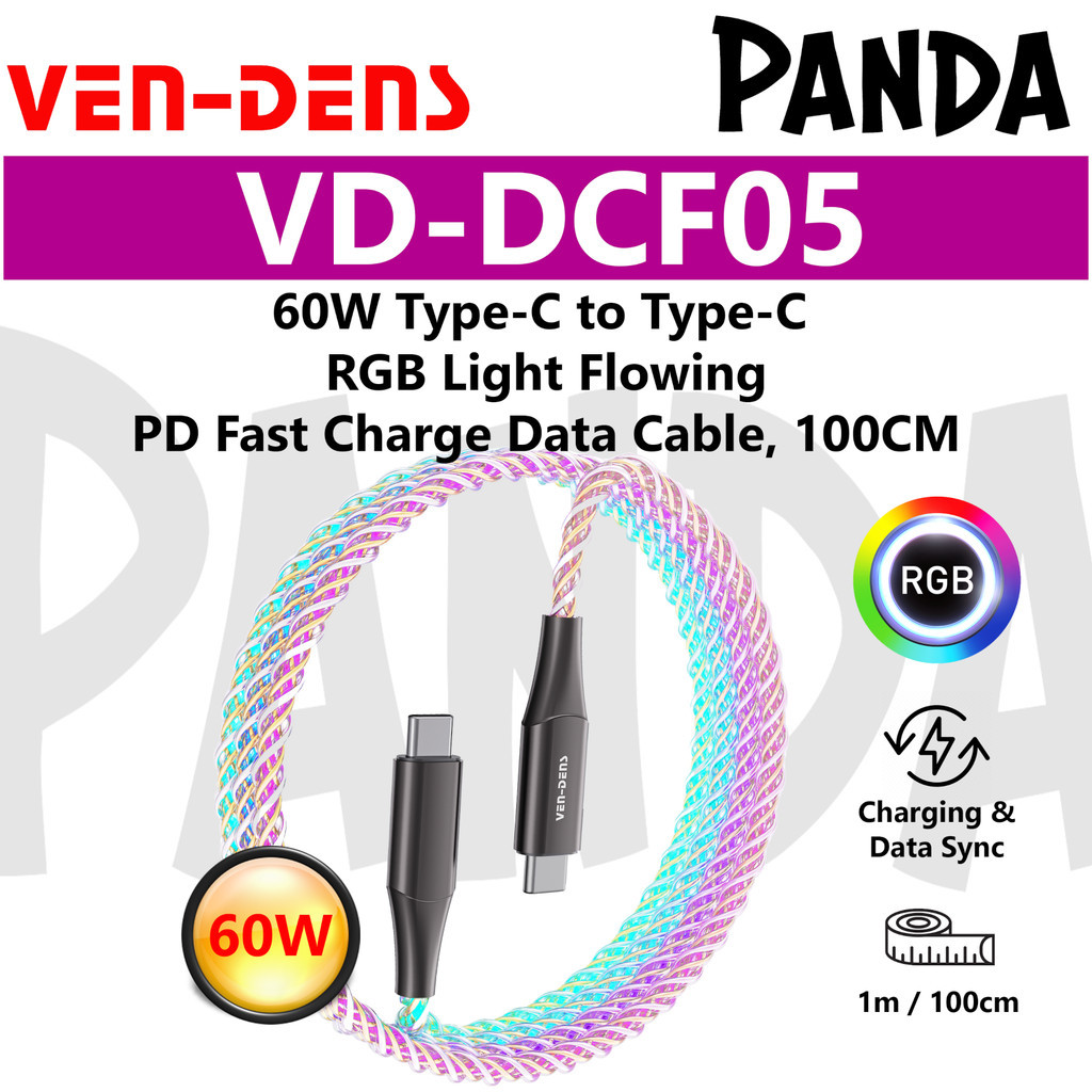 VEN-DENS 60W Type-C to Type-C RGB Light Flowing PD Fast Charge Data ...