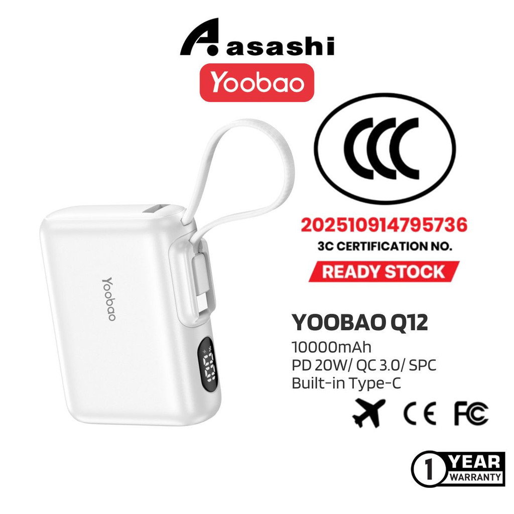 (CCC Certified) Yoobao Q12 / Q12-C 10000mAH Fast Charging Mini Power Bank Built-in Type C Cable ...