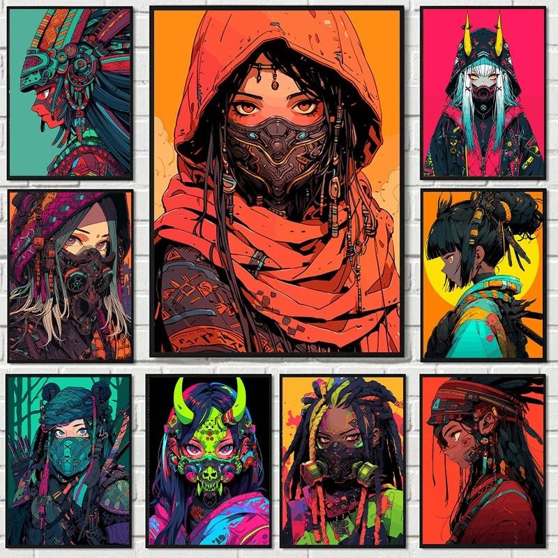 Poster berwarna pelbagai lukisan canvas seniman cyberpunk perempuan ...
