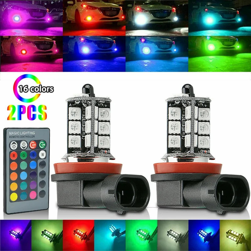 2X RGB H8/H11 H7 H4 Car LED Fog Lights Bulb 5050 27SMD Chips Color ...