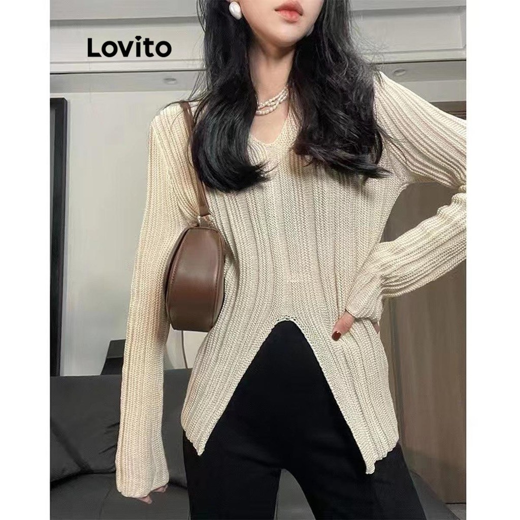 Lovito Casual Plain Split Front Sweater for Women LNM74125 | Shopee ...