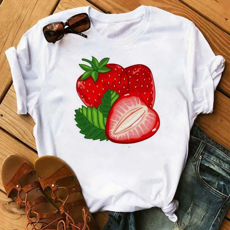 Women Summwe New Kawaii Fruits Strawberry Print Women Tops Casual ...