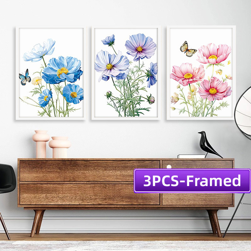 A4/A3 Frame 3PCS Colorful Flower Poster, Blue, Purple, Pink Floral Wall ...