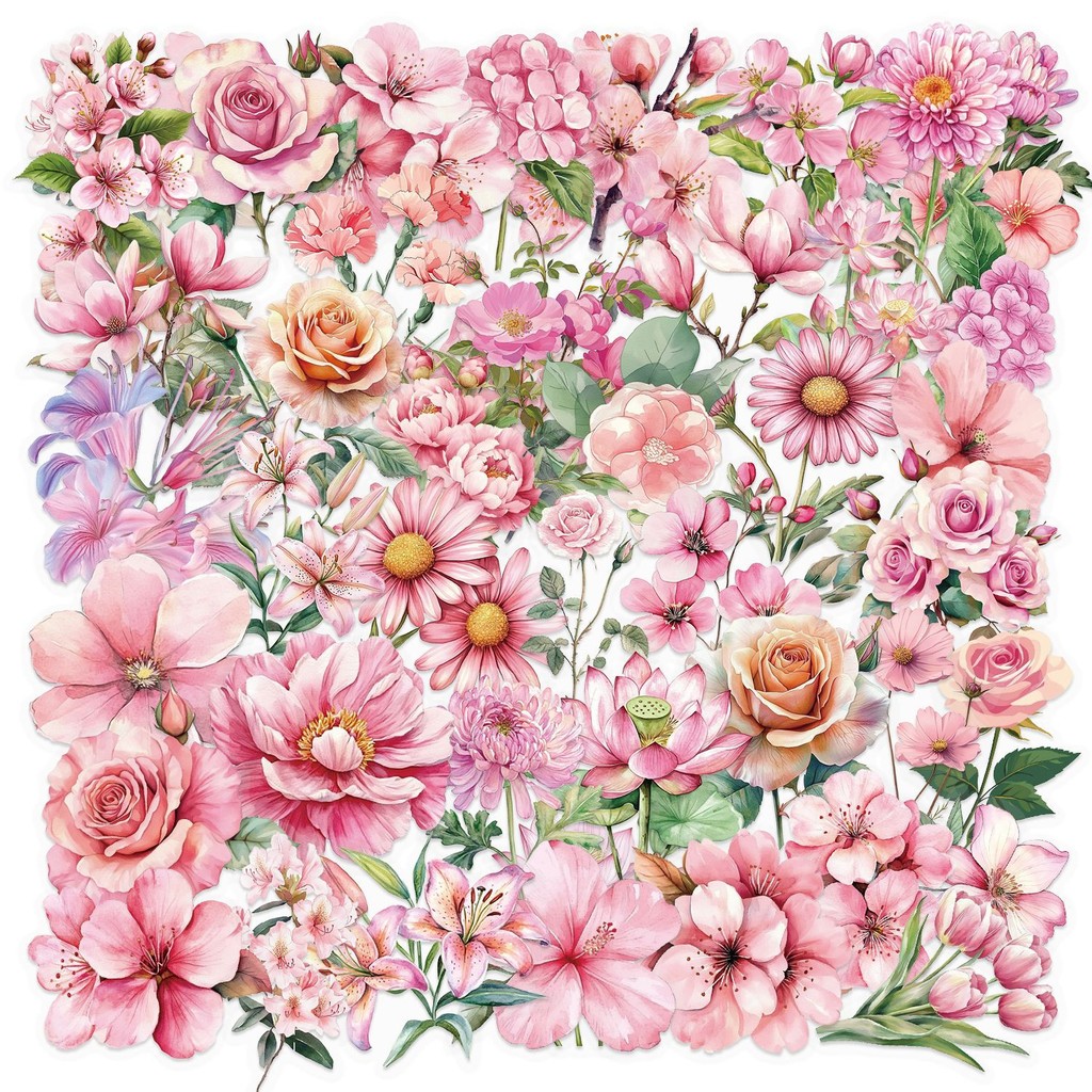 50PCS Transparent Cartoon Pink Flower Stickers - Waterproof PET ...