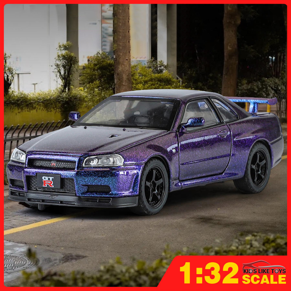 KLT 1:32 NISSAN GTR R34 Metal Alloy Toys Car Model Diecast Vehicle For ...