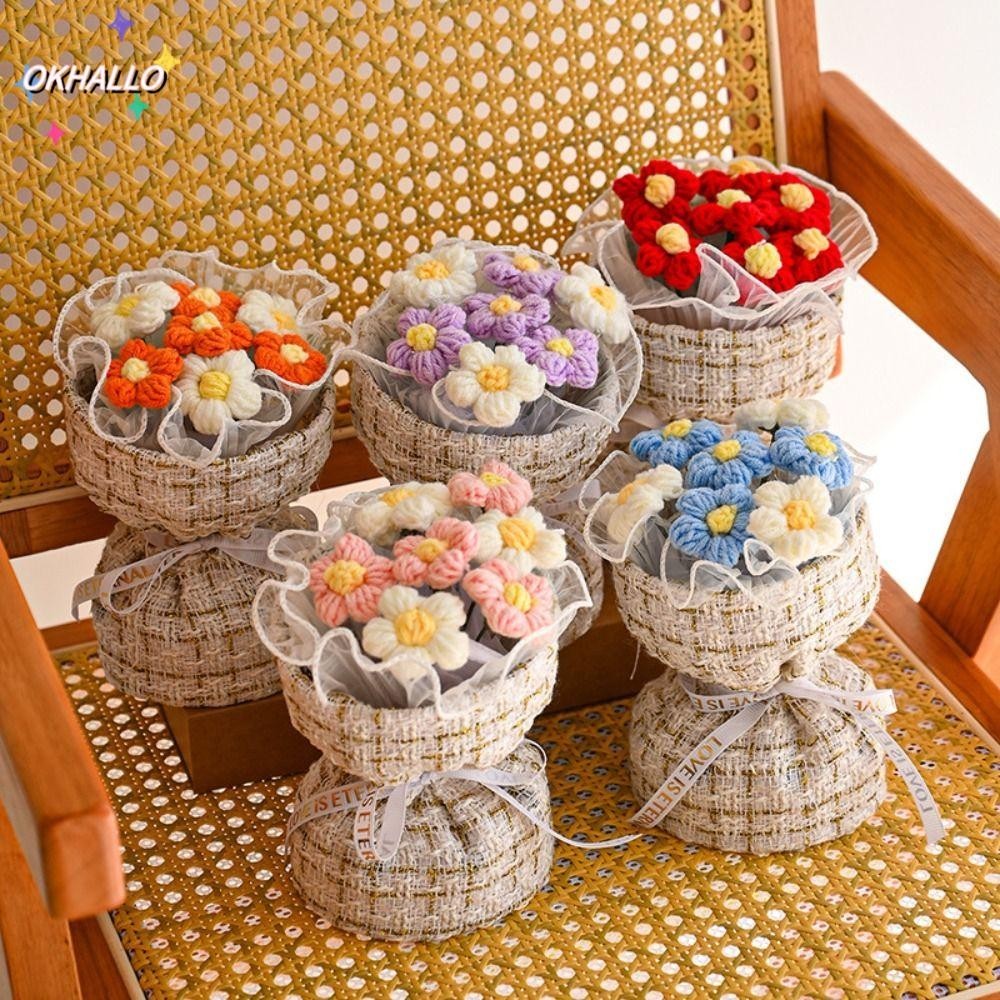 OKHALLO Crochet Flowers Bouquet, Knitted Graduation Gift Puff Flower ...