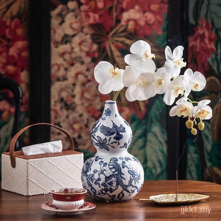 Vas tembikar retro biru dan putih, bunga labu, alat letak barang rumah ...