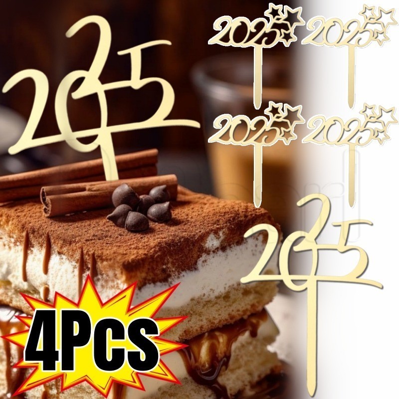 4Pcs 2025 New Year Cake Toppers - Xmas Cupcake Topper - Glitter Number ...