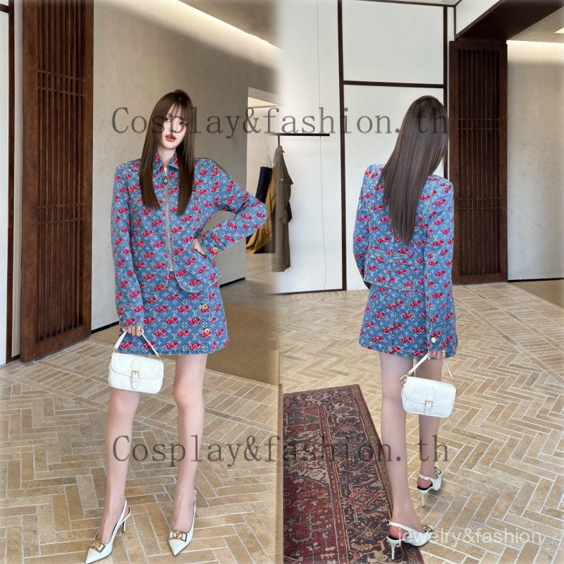 (Denim & Cherry) Denim Jacket & Skirt Suit - Light Luxury Women's Set ...