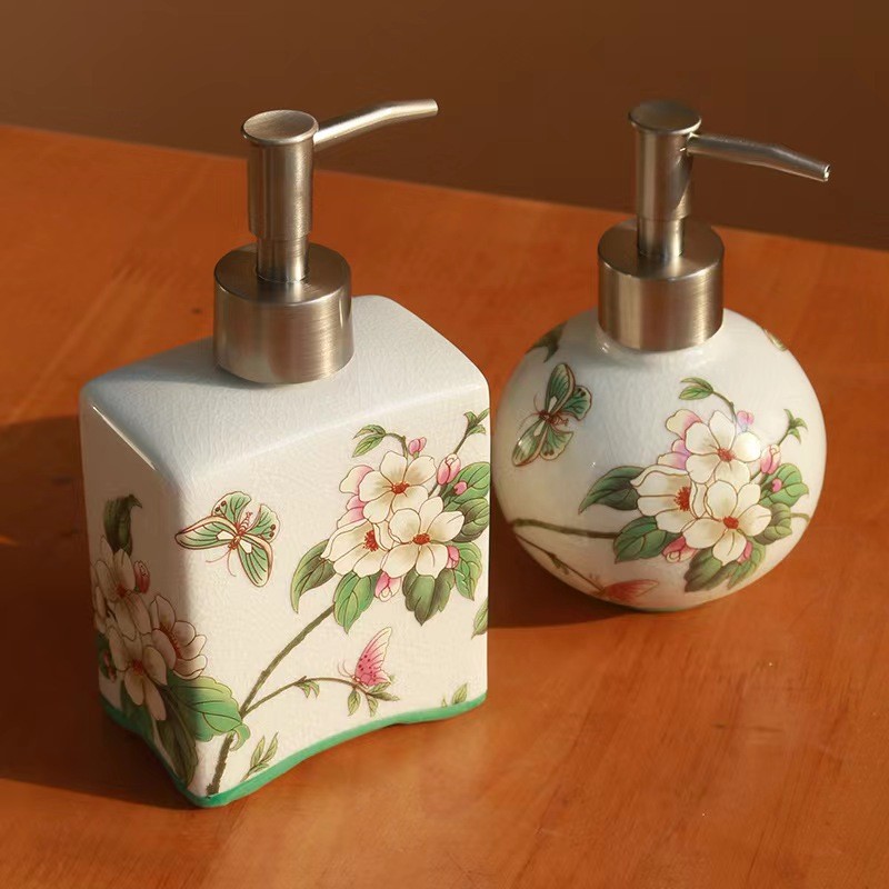 Chinese Style Flowers Hand Press Shampoo Bottle Retro Ice Crack Glaze ...