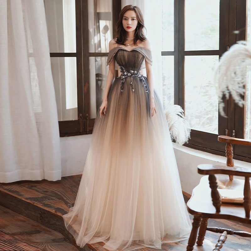French Off-shoulder Evening Dress for Women 2024 New Beaded Embroidery ...