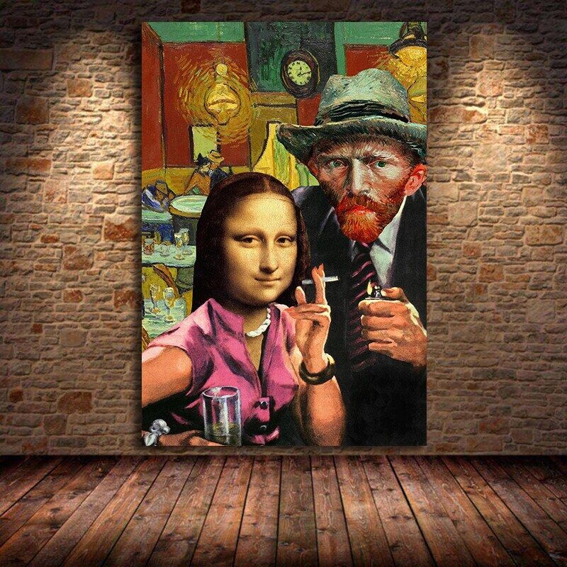 Funny Mona Lisa and Van Gogh Smoking Canvas Paintings Posters Prints Da ...