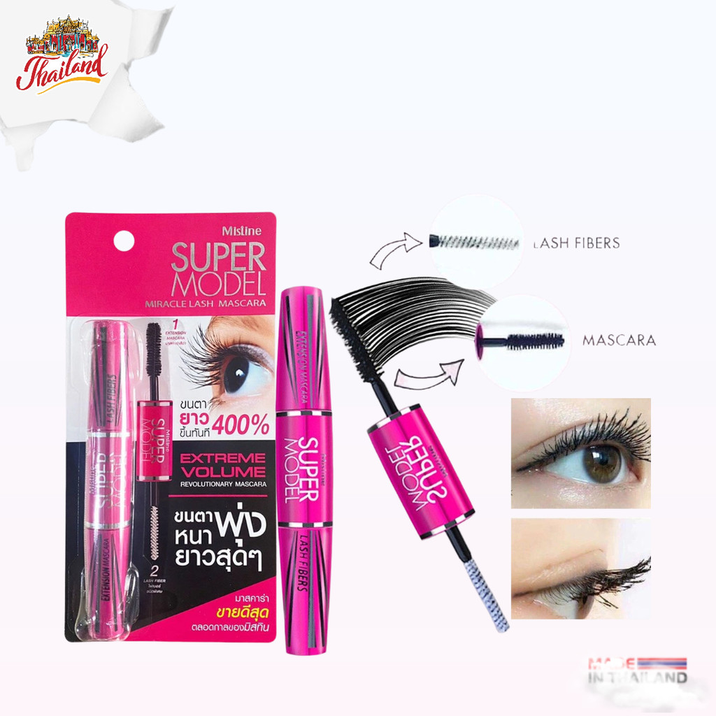 4x eyelash lengthening with carbon fiber 4D Mascara 2 in 1 Mistine Super model Miracle Lash ...