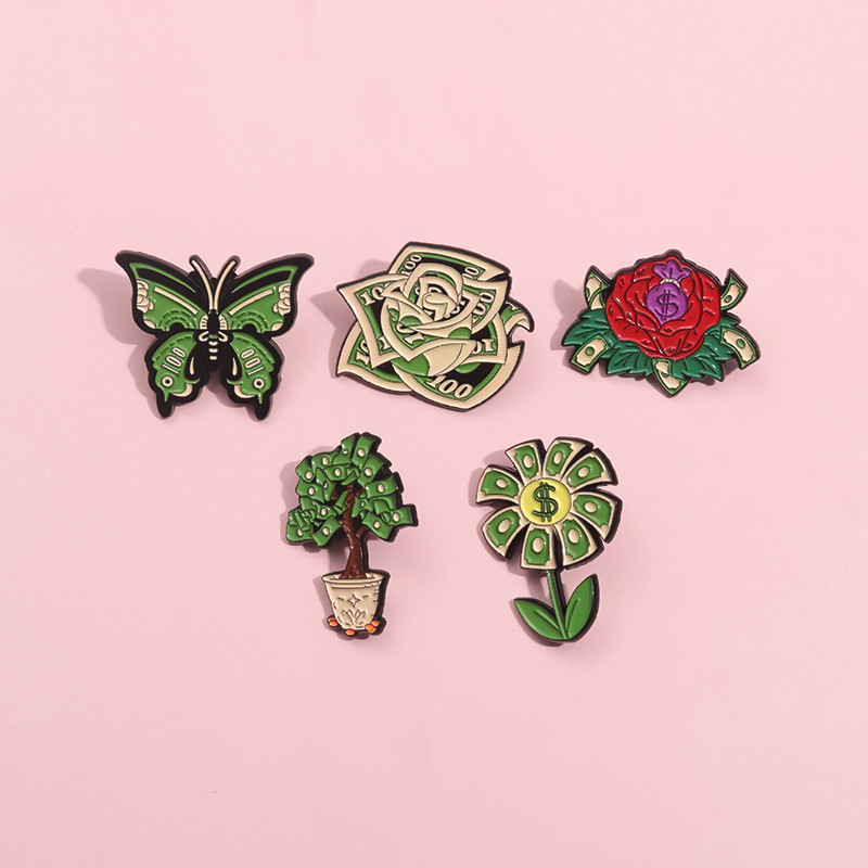 Funny Money Flower Tree Plant Brooch Pins Cartoon Butterfly Brooch ...