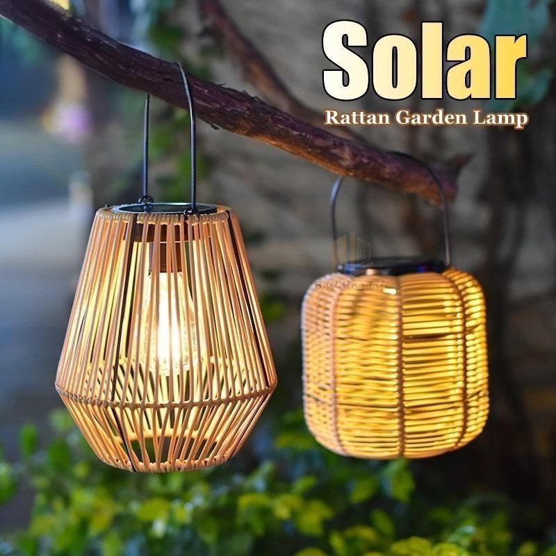 Solar Hanging Lamp with Hook Waterproof Rattan Bamboo Portable ...