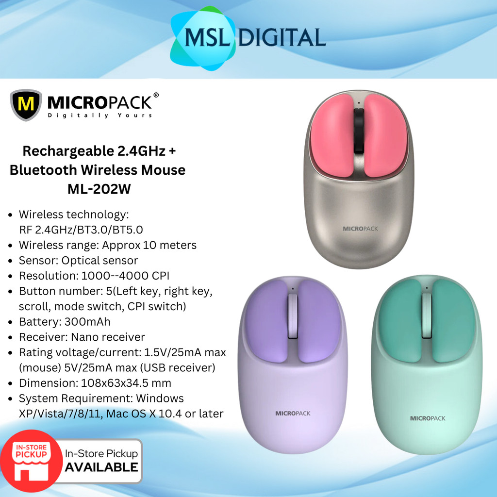 Micropack Lifestyle Rechargeable 2.4GHz + Bluetooth Wireless Mouse ML ...