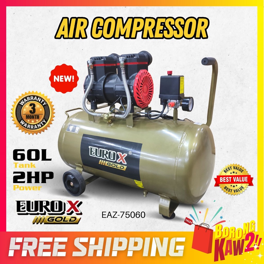 EUROX GOLD 2hp 60l 8 Bar 120L/min Oil Less Air Compressor Mesin Compressor Angin Kompresor Angin ...