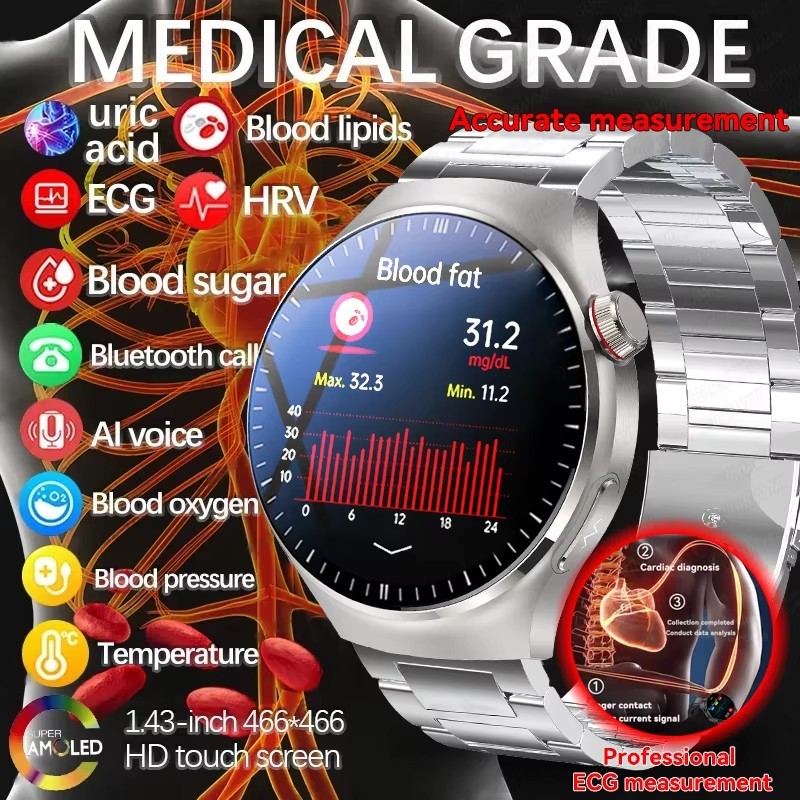 2024 New AI Medical Diagnosis Blood Lipids Uric Acid Blood Glucose Smart Watch Men ECG+PPG Voice ...