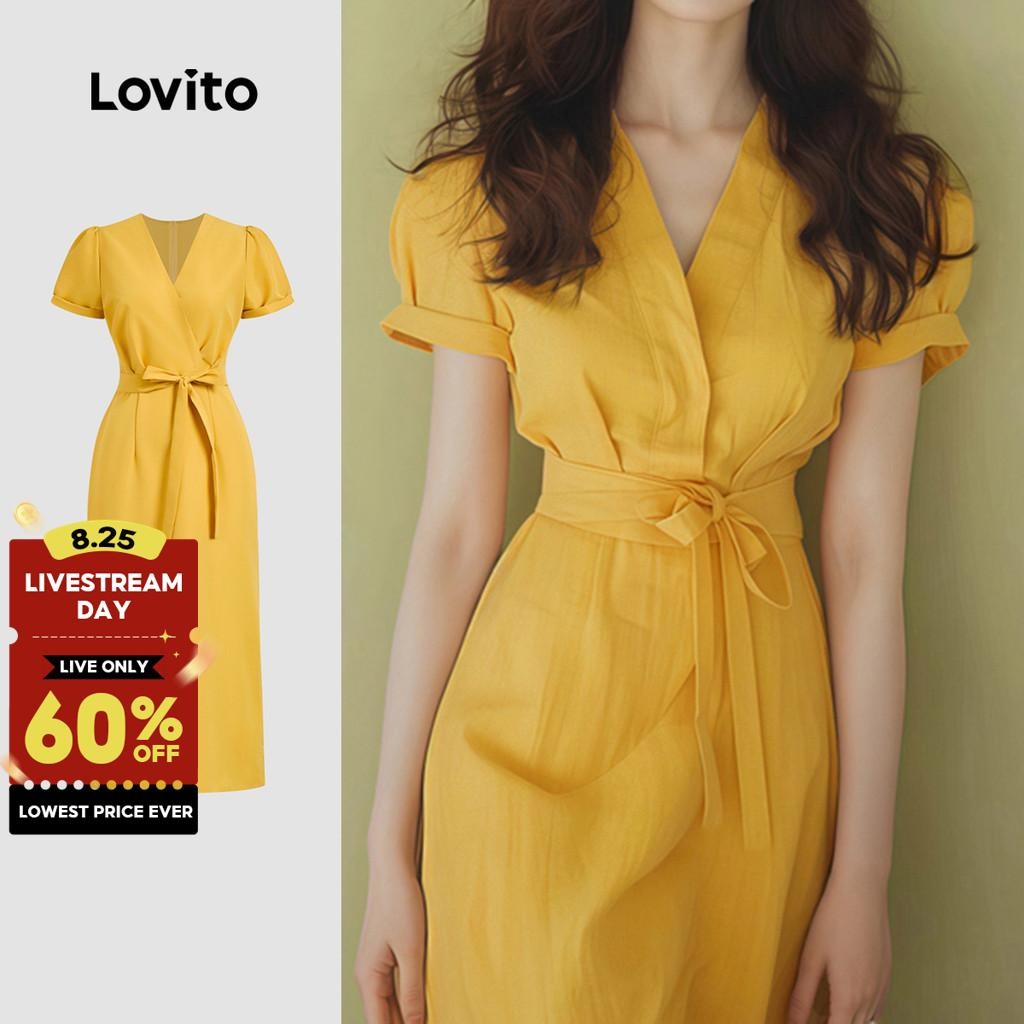 Lovito Elegant Dress Belted Lace Up Structure Line Spring/summer Yellow ...