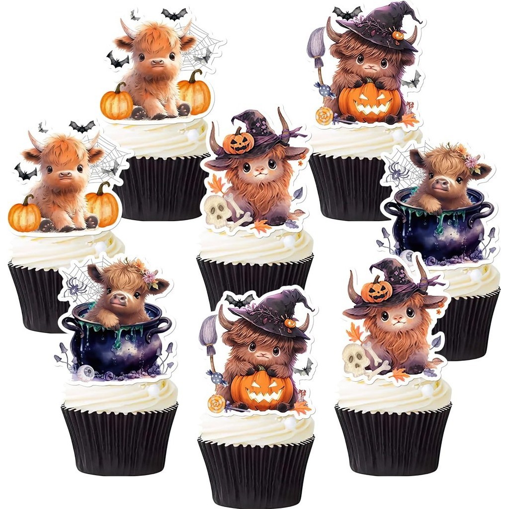 Joymemo 24Pcs Halloween Themed Highland Cow Cupcake Toppers Birthday ...