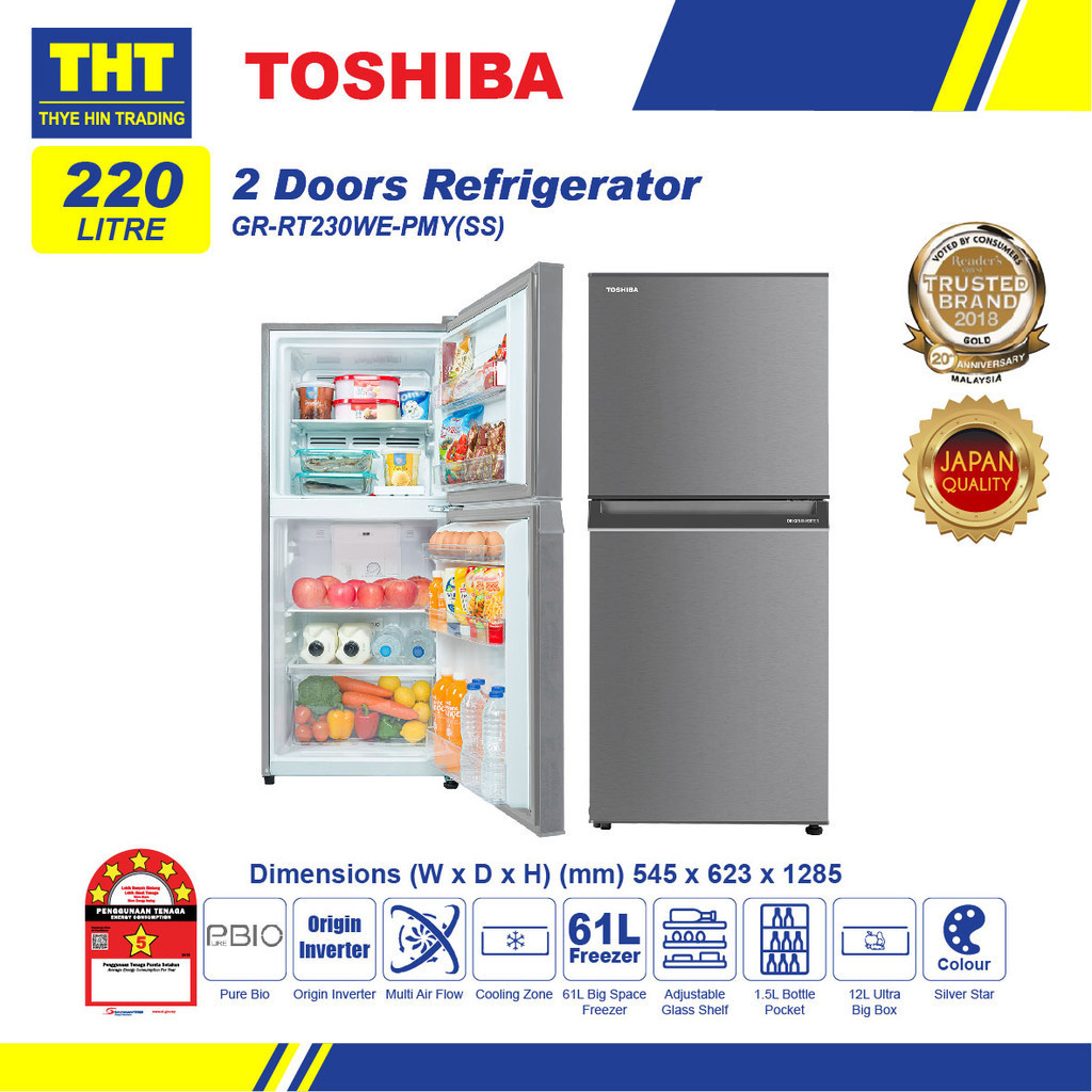 Toshiba 220L Inverter 2 Door Refrigerator GR-RT230WE-PMY(SS) Silver ...