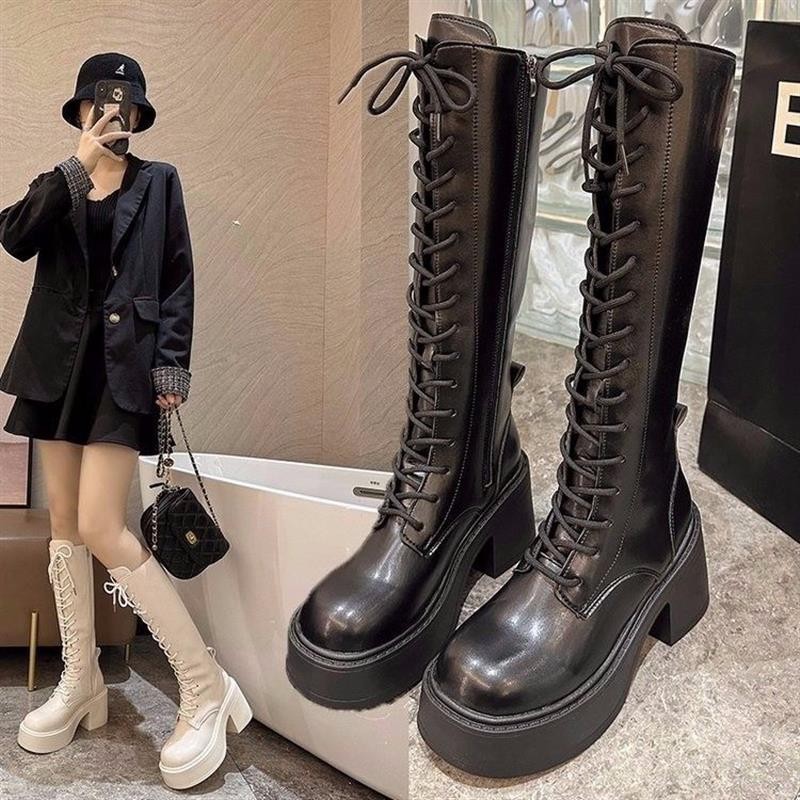 Niche Show Legs Long Boots Women 2025 Thick-Soled Lace-Up Elastic Boots ...