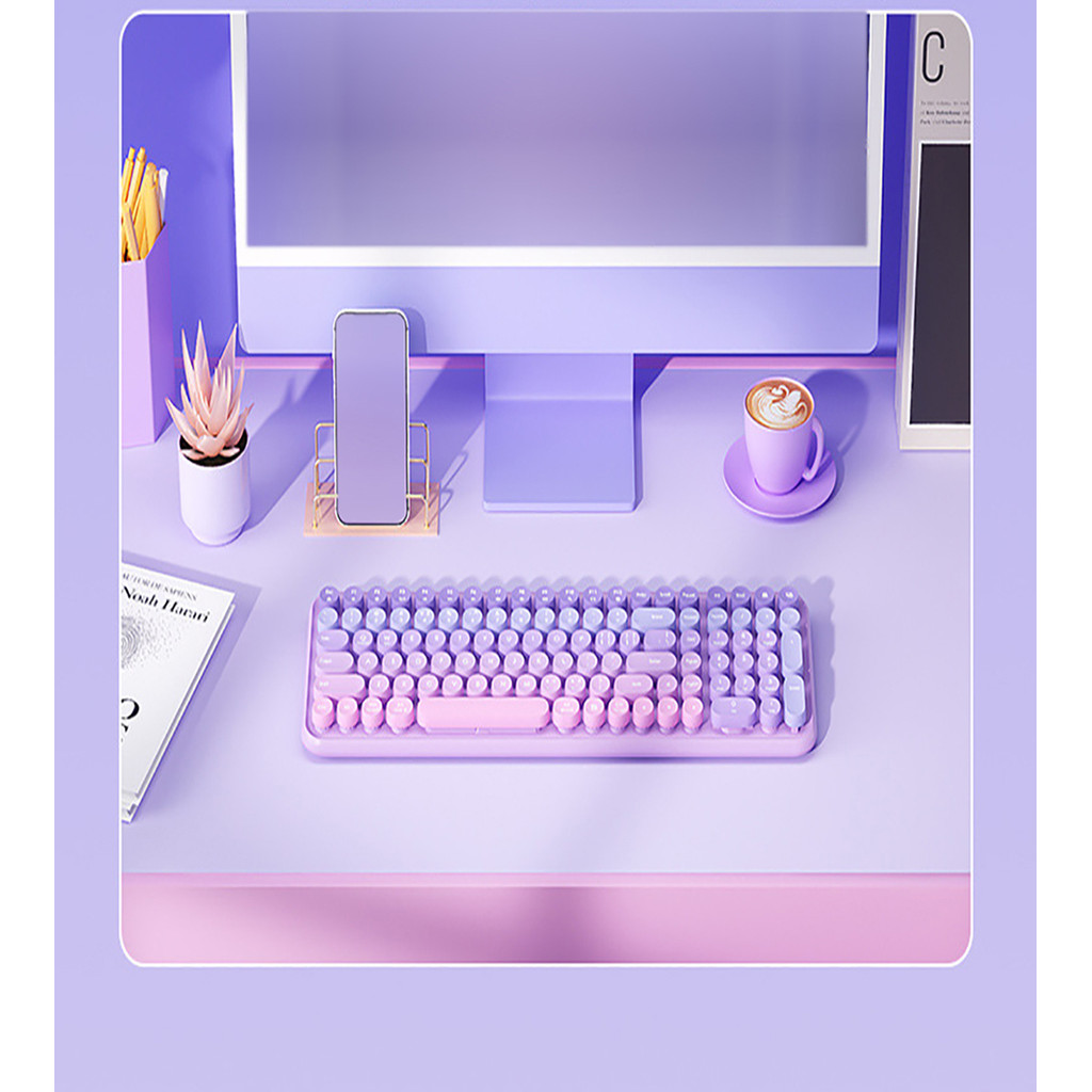 Pink Purple Ergonomic 2.4G Wireless Keyboard 106 Keys Retro Round ...