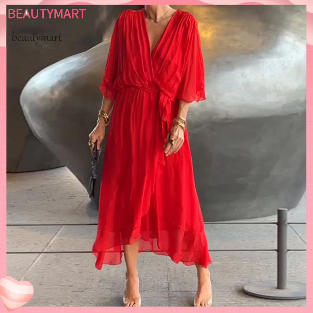 [beautymart] Cocktail Party Dress Floral Ruffle V Neck Midi Dress for ...