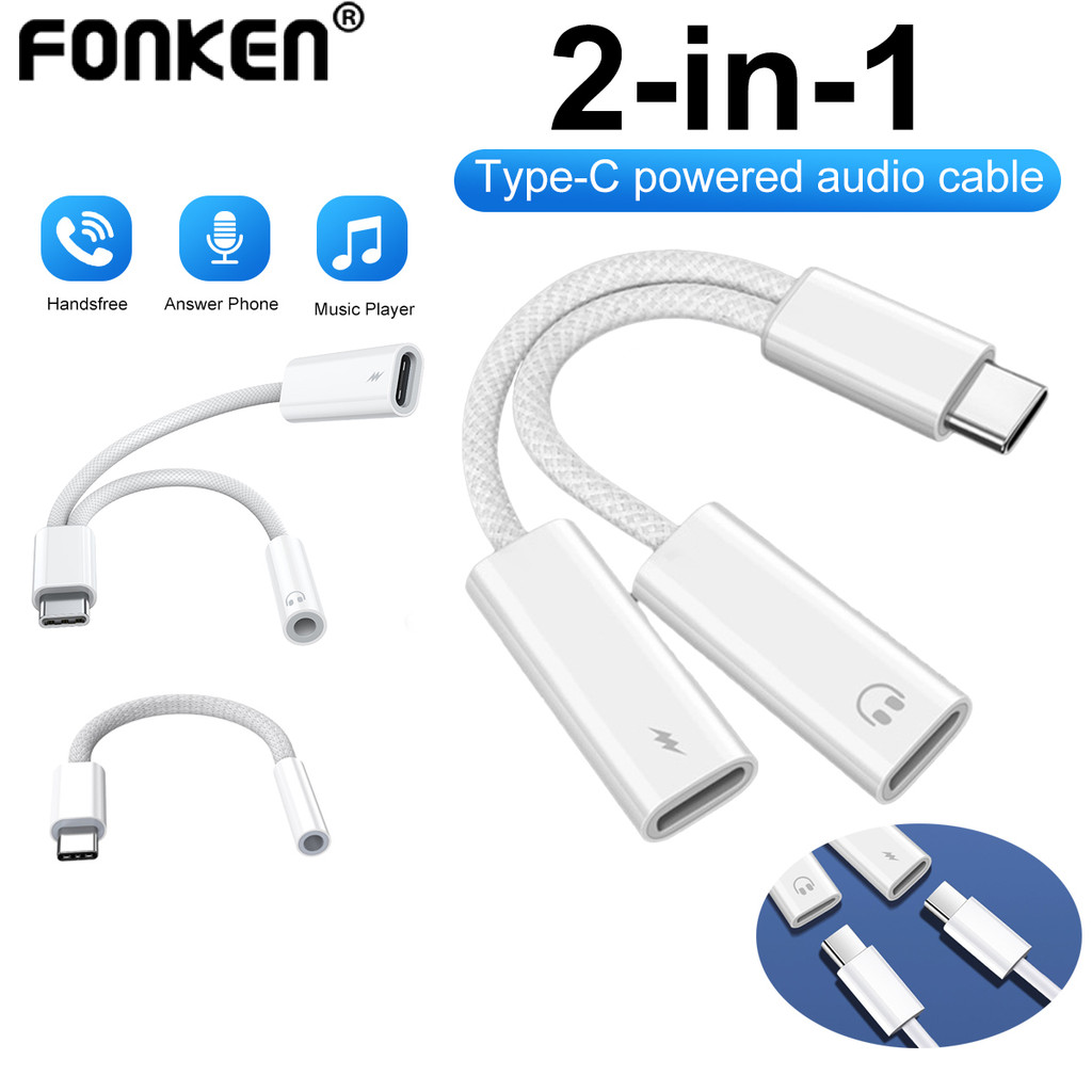 Fonken 2 in 1 Dual Type C Headphone Adapter Type C Splitter 3.5mm Jack AUX Audio Charging ...