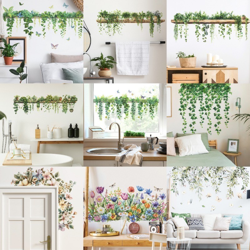 Green Plant Leaves Butterfly Study Room Living Room Wall Beautification ...