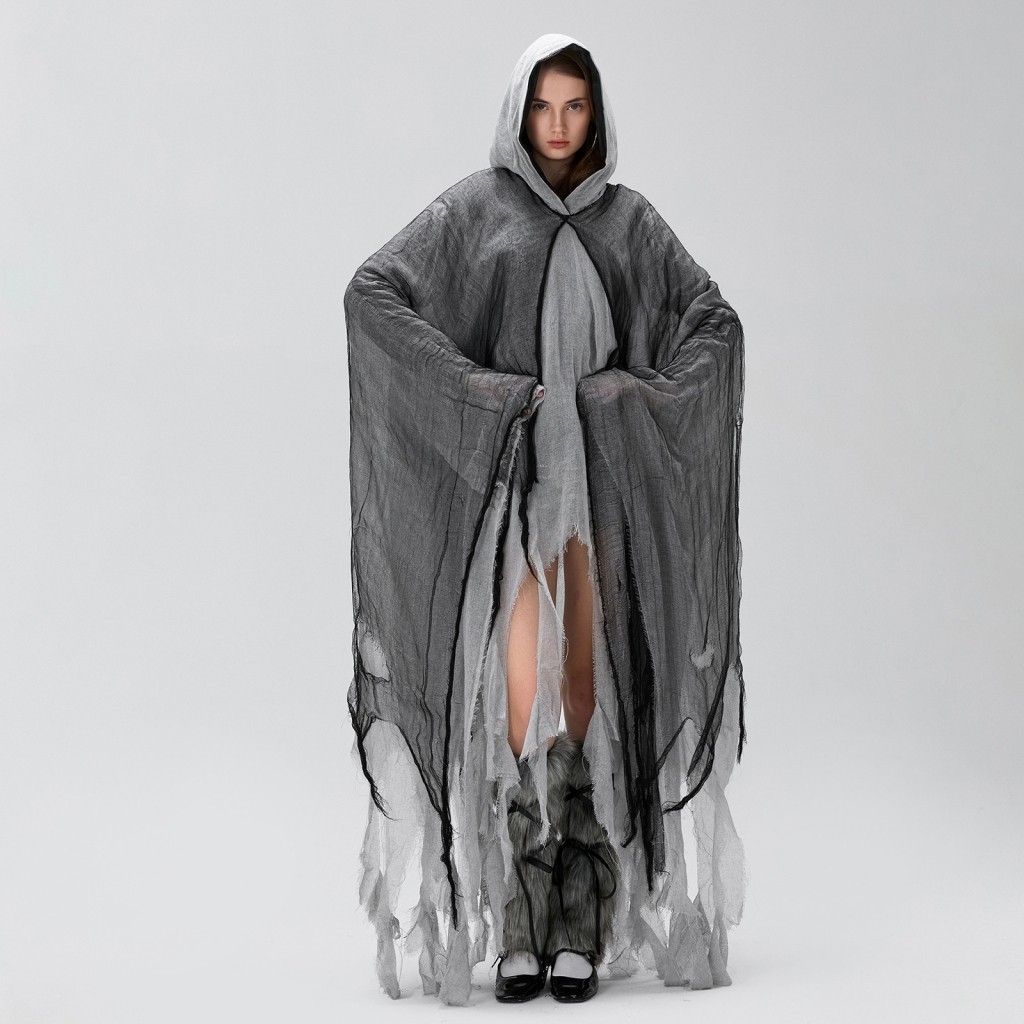 []-Halloween Witch Cloak with Hood Exaggerated Ripped Grim Reaper Cape ...