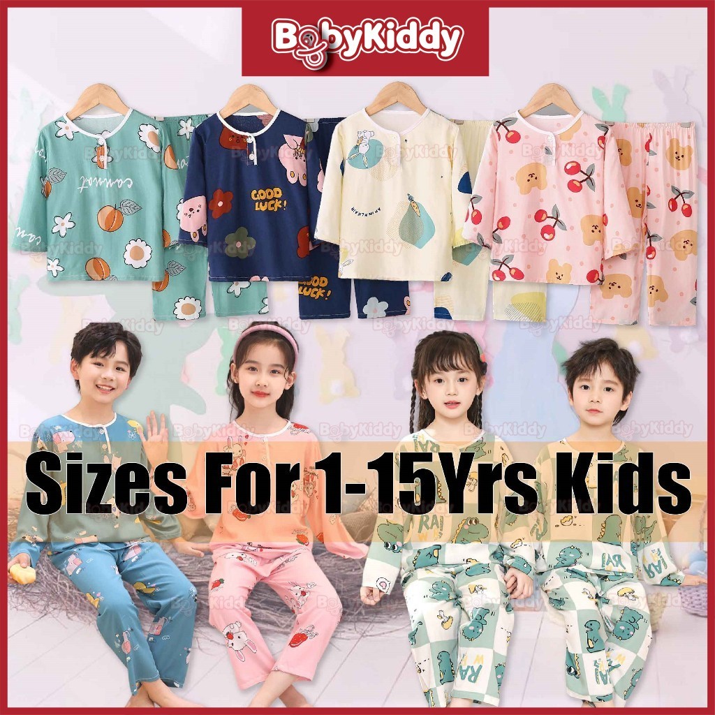 (1-15years) Cotton Silk Cool Fabric Sleepwear Kids Pajamas 3/4 Long ...