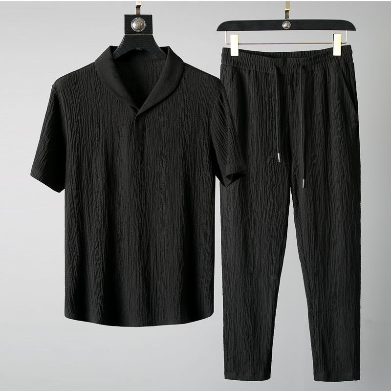 Baju Lelaki Men's Summer Ice Silk Suit Quality Plain T-shirt and Long ...