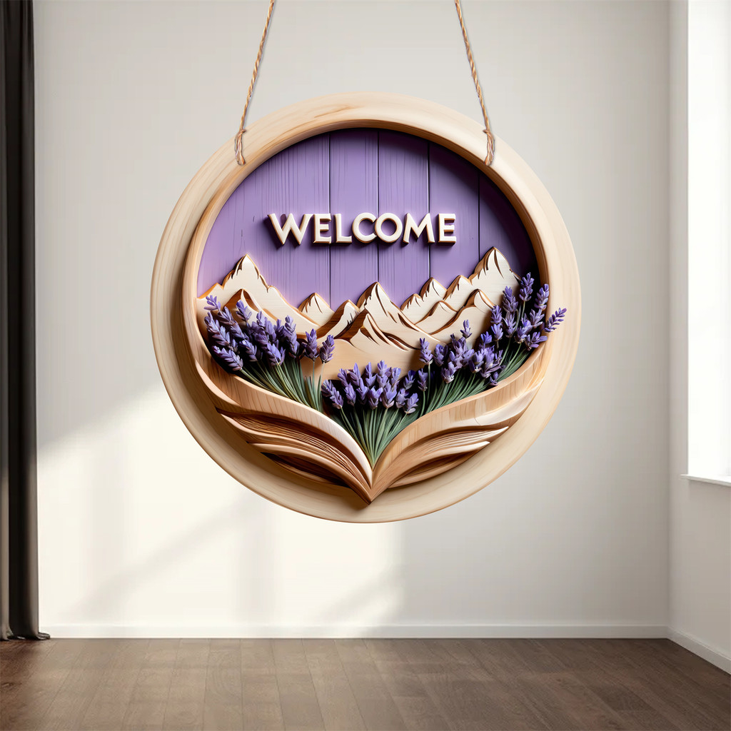 1pc 2D Rustic Wooden Lavendert Welcome Sign Purple Flower Round Welcome ...