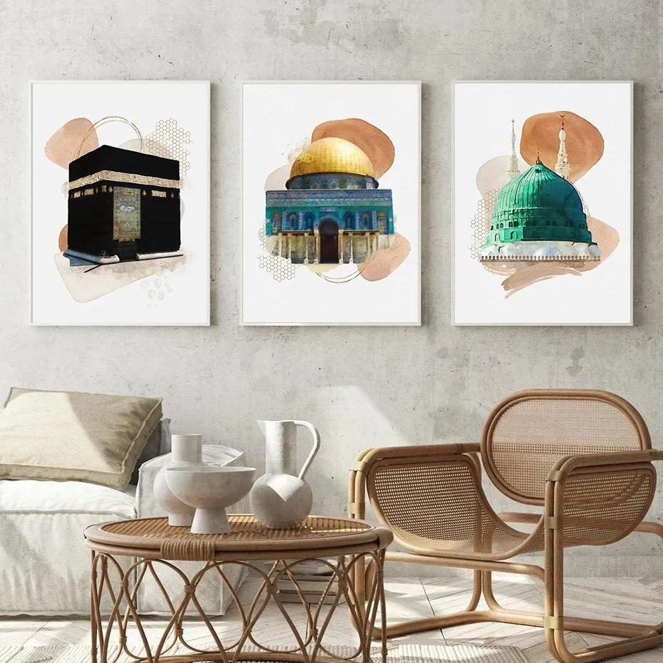 Seni Garisan Abstrak Seni Bina Suci Islam Masjid Mekah Kubah Poster ...