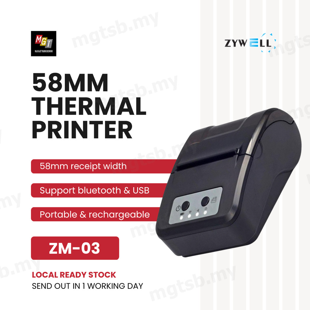 ZYWELL ZM03 Thermal Receipt Printer Bluetooth 58mm Wireless Portable ...