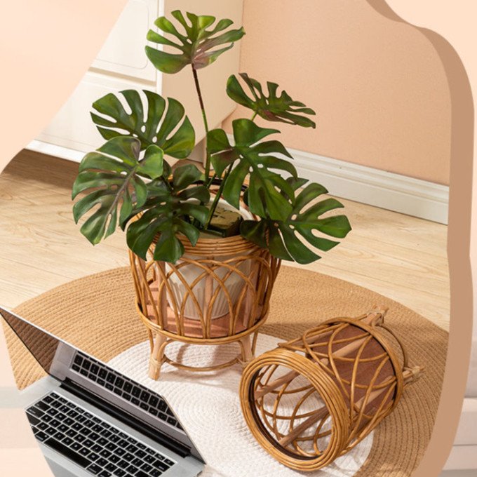 Ins Rattan Plaited Flower Basket Nordic Style Wood Flower Stand Green ...
