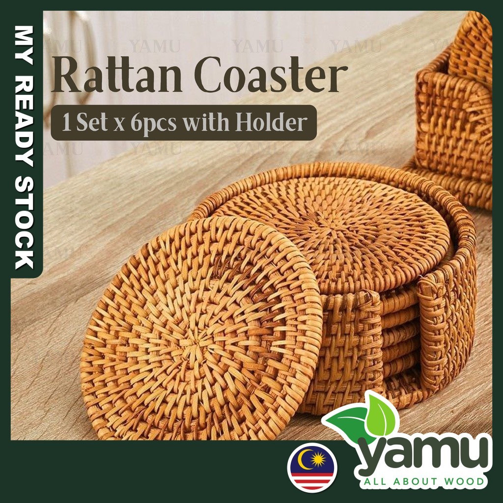 YAMU Rattan Coaster Round Placement Alas Rotan Plates Coaster Rattan ...