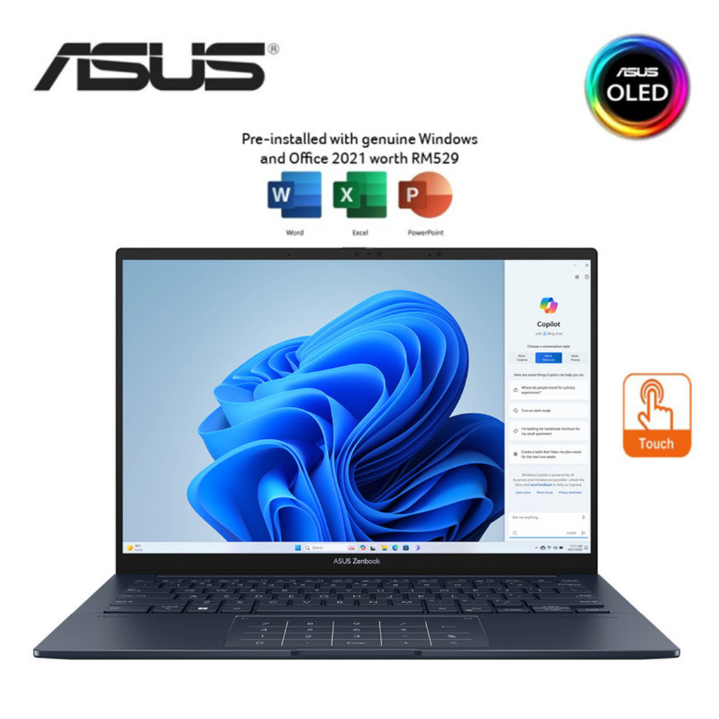 Asus Zenbook 14 OLED UX3405M-APZ346WSM 14" 3K Touch Laptop Ponder Blue ...