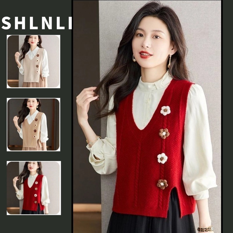 Spring Autumn Women's V-neck Sleeveless Knitted Vest Korean Sweet 3D ...