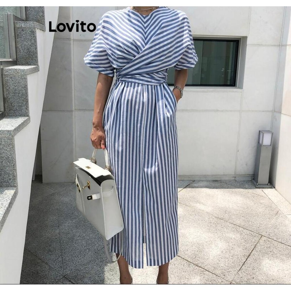 Lovito Plus Size Curve Casual Striped Criss Cross Lace Up Dress for Women LNL79169 | Shopee Malaysia