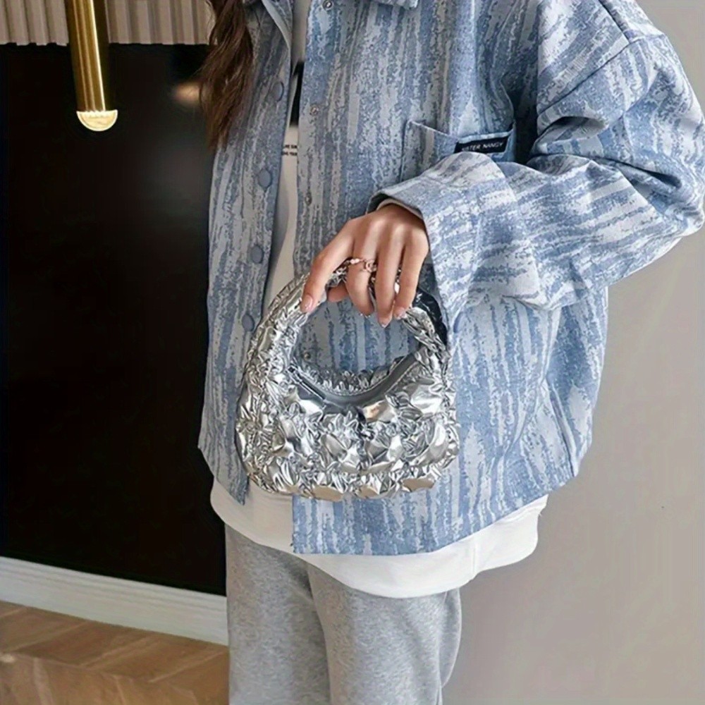 Shimmering Metallic Silver Puffer Clutch Handbag Stylish Dumpling Shape ...